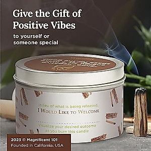Magnificent 101 Palo Santo Smudge Candle for Home Energy Cleansing and Aromatherapy – 6 oz Natural Soy Wax Tin – 24-Hour Burn Time - Banishes Negative Energy, Chakra Healing, and Manifestation