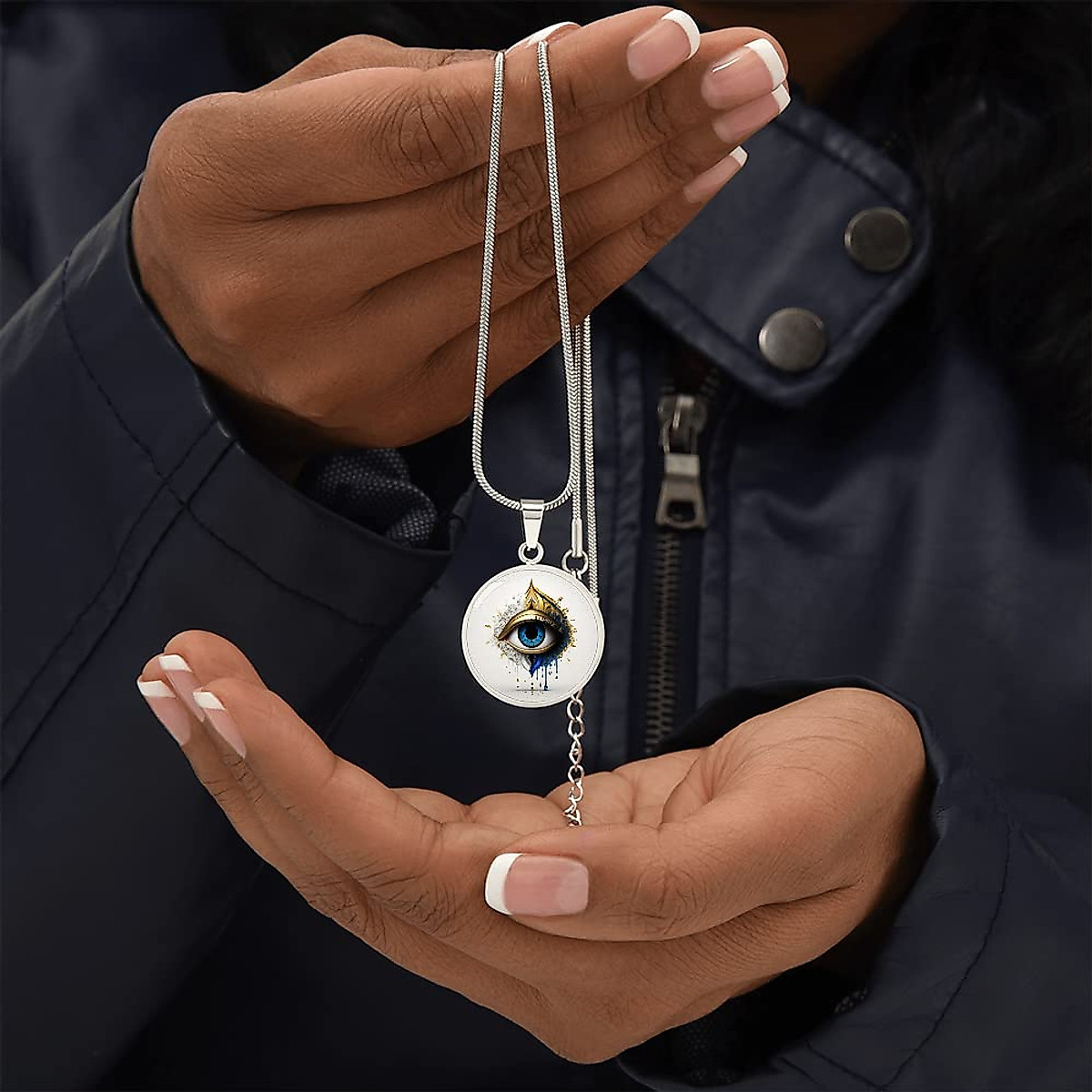 Hilis Jewelry Evil Eye Necklace For Women Protection, Spiritual Jewelry, Personalized Gifts Glass Pendant Charm Engraved Gold or Silver (Silver -No Engraving, Stainless Steel)