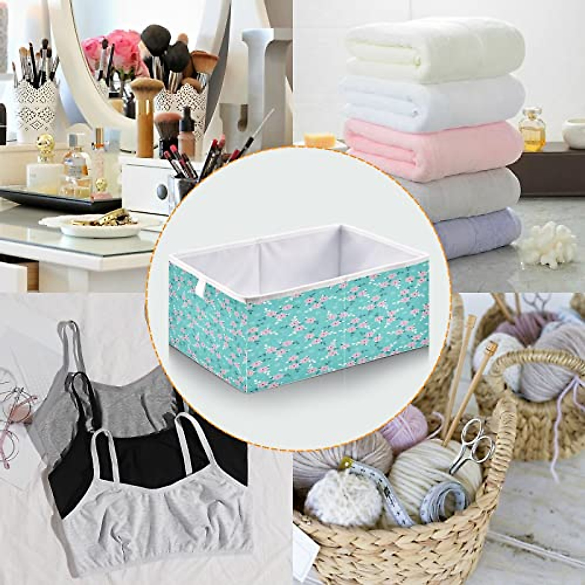 Kigai Cute Pink Flowers and Leaves Fabric Storage Bin 11" x 11" x 11" Cube Baskets Collapsible Store Basket Bins for Home Closet Bedroom Drawers Organizers
