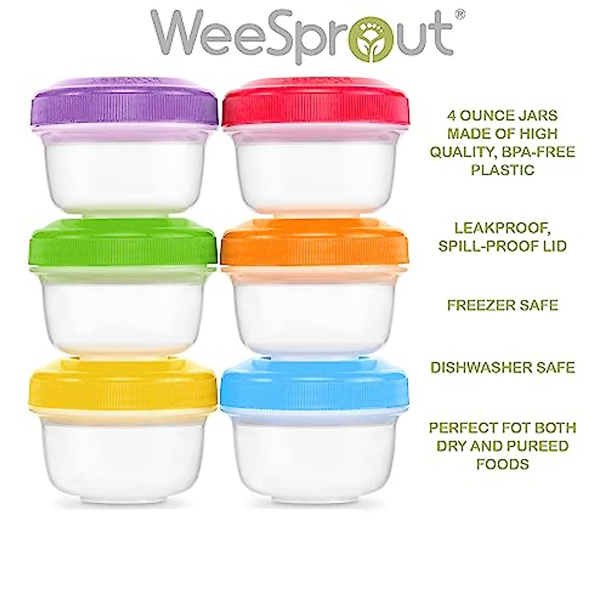 WeeSprout Baby Food Containers - Small 4 oz Containers with Lids, Leakproof & Airtight, Freezer Safe, Dishwasher Safe, Thick Food Grade Plastic, Set of 12 Baby Food Storage Containers + Color Options