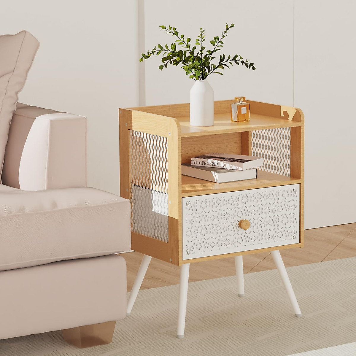 Nightstand, Bedside Table with Metal Drawers, End Table with Open Shelf, 2-Tier Open Adjustable Metal Floral Drawer Night Stand for Sofa Side Table, Bedroom Bedside Table, Maple White