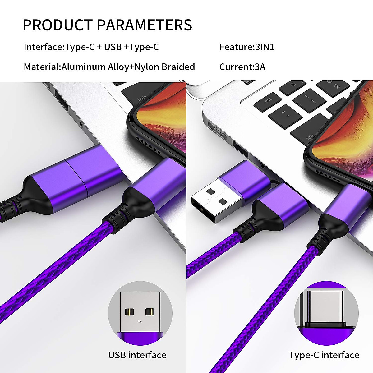 xiongweida (4ft+6ft 2pack) 2in1 USB to USB c to USB c Cable (Purple)