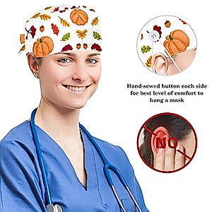 Bouffant Caps with Buttons, Autumn Pumpkin Leaves Acorn Surgical Hat for Medical & Rabbit Ear Scrunchie Set, Cotton Scrub Caps Sweatband