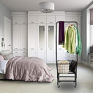 Rolling Laundry Hamper Basket Cart with Wire Storage Rack and Hanging Rack Black