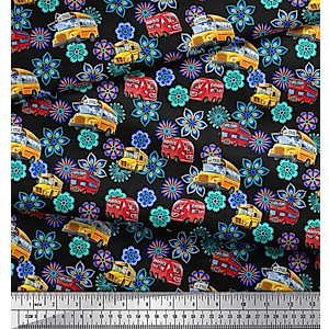 Soimoi Cotton Poplin Black Fabric - by The Yard - 42 Inch Wide - Artistic Floral & School Bus Transport Kids Fabric - Creative and Educational Patterns for Kids' Apparel Printed Fabric