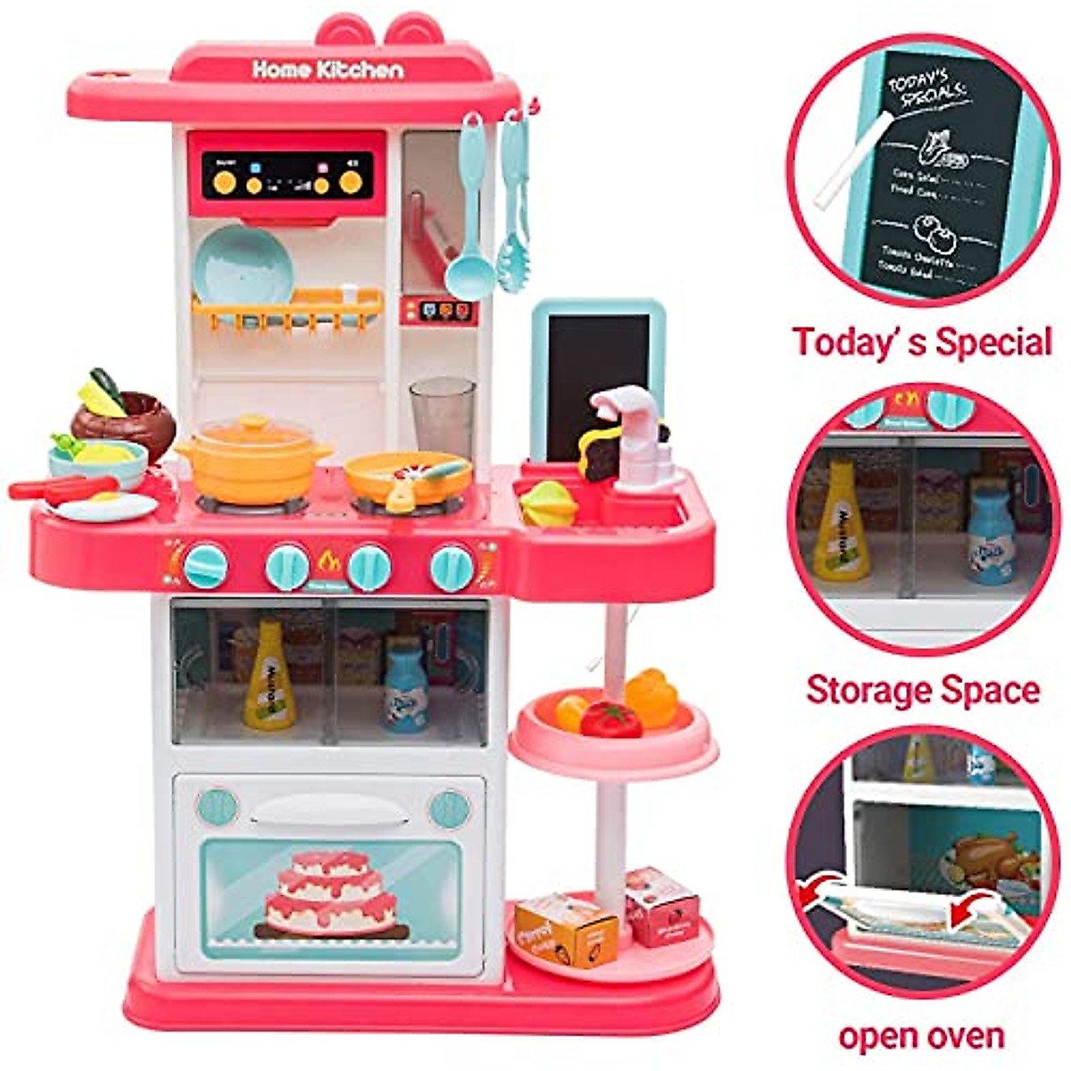 Little Brown Box Kids Pink Plastic Kitchen Playset Toy, Pretend Play, Cookware Set, Dishes, Pretend Food W/ Sink, Realistic Steam, Lights & Music - Gift for Toddler, Children, Girls 3,4,5 Years