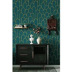 Peel and Stick Wallpaper Green and Gold Geometric Contact Paper Green and Gold Self-Adhesive Wallpaper Removable Modern Stripe Wallpaper for Walls Covering Waterproof Vinyl Rolls 17.3''x118''