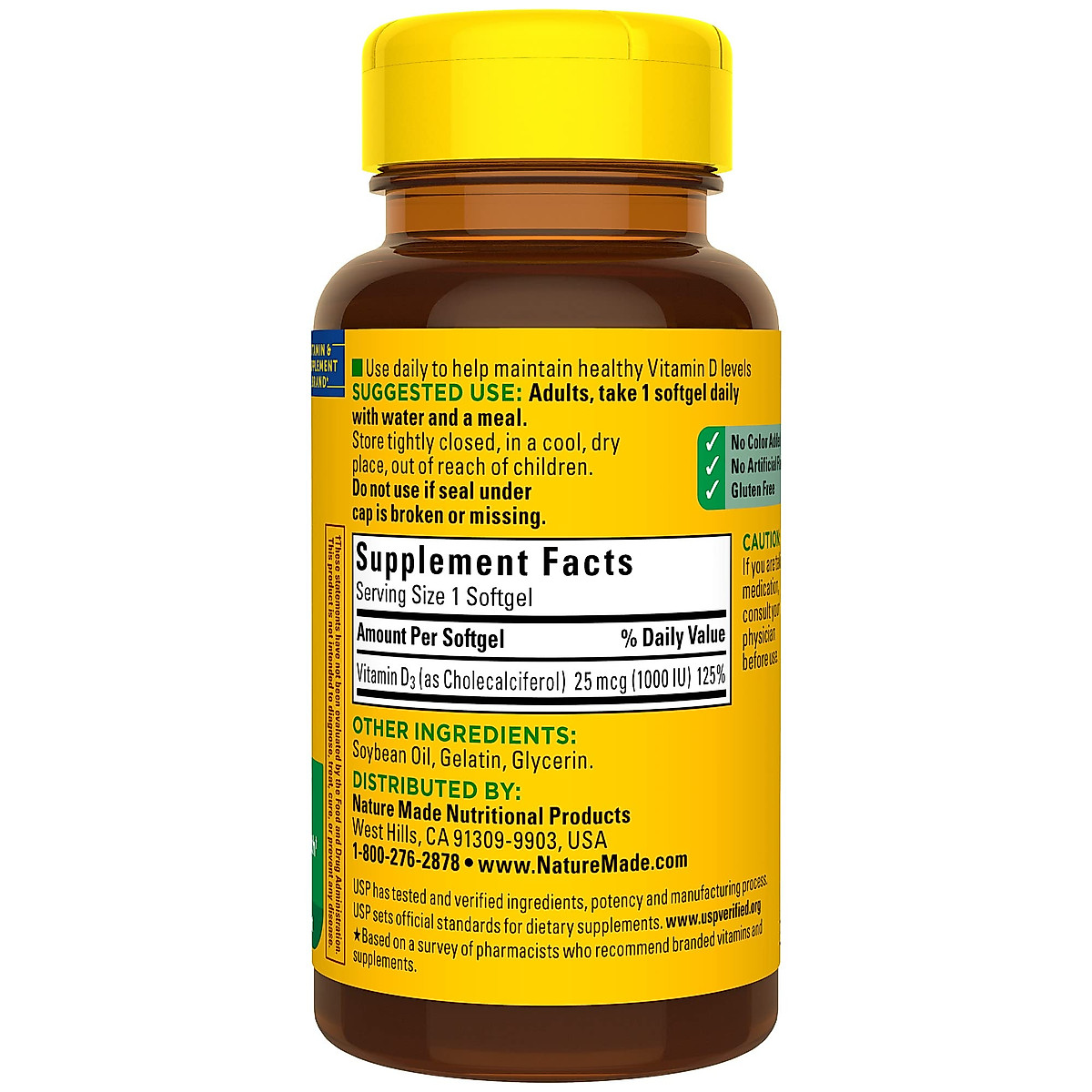 Nature Made Vitamin D3 1000 IU (25 mcg), Dietary Supplement for Bone, Teeth, Muscle and Immune Health Support, 100 Softgels, 100 Day Supply