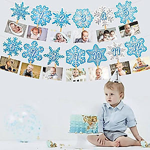 Snowflake First Birthday Party Decoration Snowflake Theme 1st Birthday Photo Banner for Newborn to 12 Months for Baby Shower Winter Onederland Party Supplies