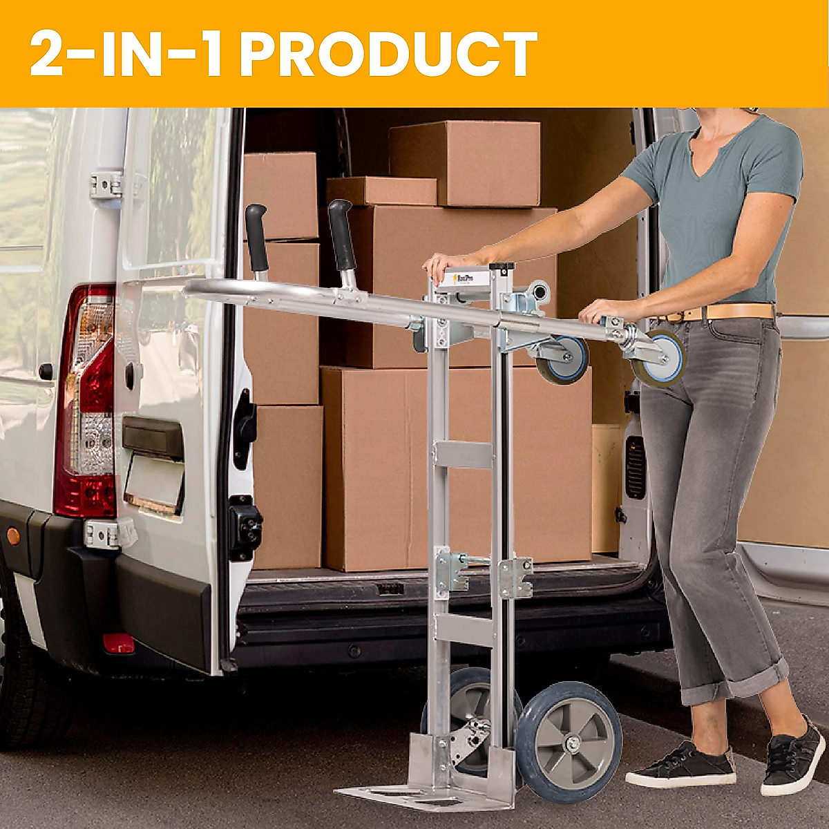 HaulPro Junior Heavy Duty Convertible Hand Truck with Double Grip Handles - Aluminum Dolly Cart for Moving - 1,000 LB Capacity - Converts from Hand Truck to Platform Push Cart - 52" L x 41" W x 44" H