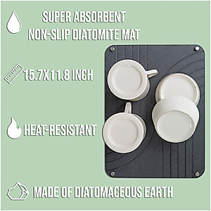 Aesthetic Stone Dish Drying Mat made of Eco Friendly Diatomite Earth Material. Fast Drying, Non Slip, Heat Resistant, Super Absorbent, High Quality, Multi-Purpose in Kitchen or Bathroom. Diatomaceous