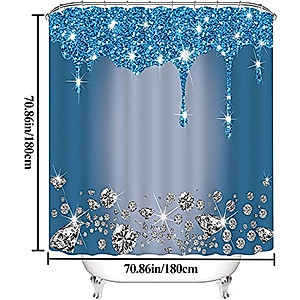 4Pcs Glitter Diamond Shower Curtain Sets Bathroom Set Decor with Non-Slip Rugs Bath U-Shaped Mat Toilet Lid Cover Blue Sliver Shiny Drip Bathroom Curtains Shower Set with 12 Hooks, 70.8×70.8