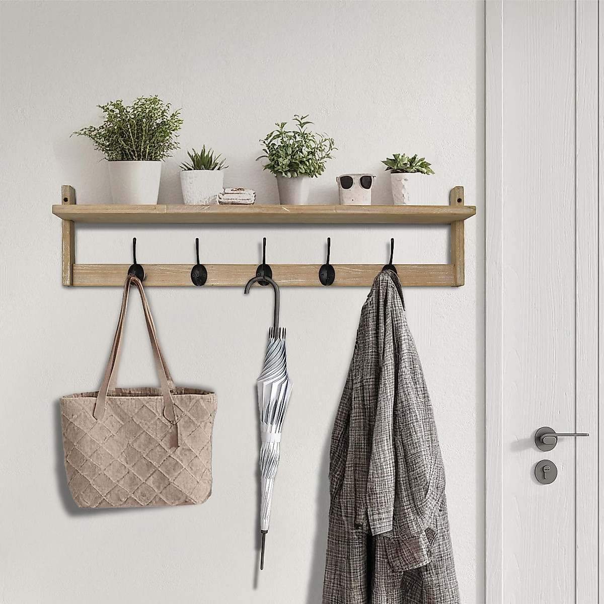 Modern 29" Wall-Mounted Coat Hooks with Shelf and 5 Double Metal Hooks for Entryway, Bedroom, Living Room, Bathroom(Natrual)