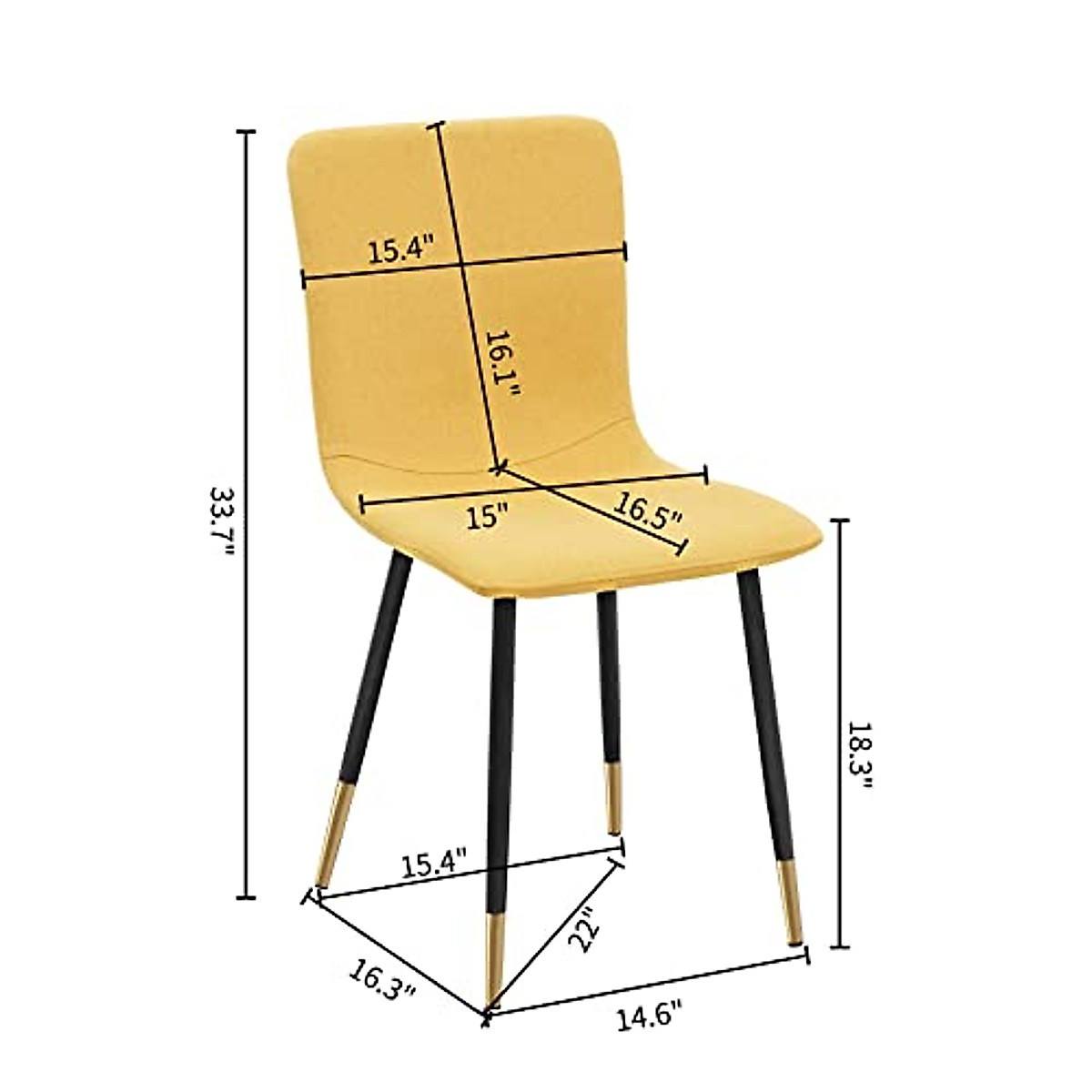 FurnitureR Scandinavian Dining Chair Set of 4, Dining Room Side Chairs Accent Chairs with Black Gold Metal Legs Comfortable for Kitchen, Lounge, Living Room, Set of 4, Yellow