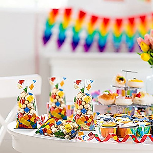 100 Pcs Building Block Cellophane Treat Bags, Color Bricks Theme Building Block Candy Goodie Bags Plastic Party Favor Bags with 100 Silver Twist Ties for Birthday Party Supplies (Clear Background)