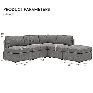 PayLessHere L shaped Sofa Couch Convertible Sofa 4-Seat Sofa Modular Sectional Sofa Couch for Living Room Bedroom Office,Gray