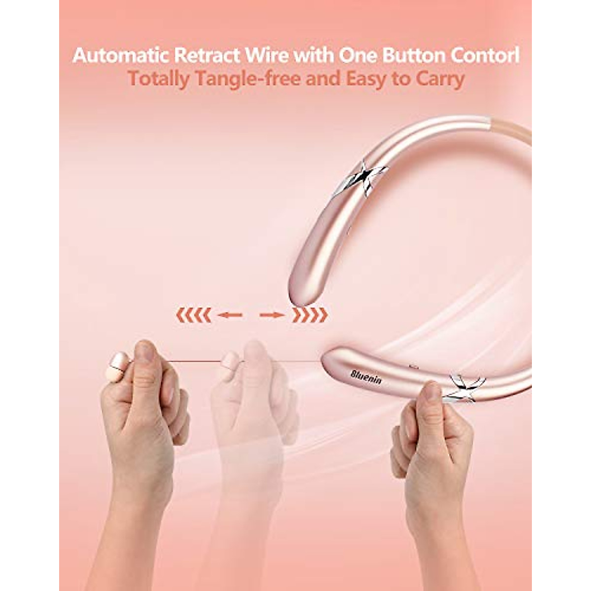 Bluenin Bluetooth Headphones, Bluetooth Neckband Wireless Headphones Bluetooth 5.0 Retractable Earbuds Stereo Headset CVC 8.0 Noise Cancelling Call Vibrate Alert Earphones with Mic (Rose Gold)