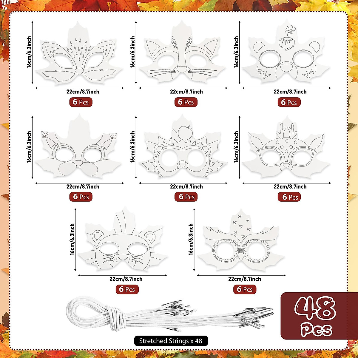 Fall Craft Kits Autumn Maple Leaf DIY Mask Color Your Own Animal Mask DIY Graffiti Blank Painting Paper Mask Kids Harvest Thanksgiving Halloween Craft for Home Class Coloring Game Activities (24 Pcs)