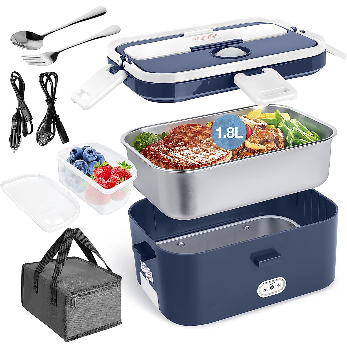 LHMTQVK Electric Lunch Box, Portable Food Warmer, Heated Lunch Box, Lunch Containers Lunch Warmer for Adults, 60W 1.8L 12V-24V 110V 3-in-1 Portable Microwave Food Heater (White+Royal blue)