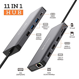 KEYMOX USB-C Laptop Docking Station, USB-C Hub, 11in1 Triple Display (Dual 4K HDMI&VGA) Type-C Adapter for HP Dell MacBook Pro and Windows (1Gbps Ethernet LAN, 100W PD, 4 x USB, SD TF Card Reader)