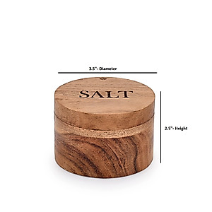 EDHAS Acacia Wood Round Condiment Pot with Magnetic Swivel Lids for Kitchen Countertop "Salt" Engraved on Lid (3.5” x 3.5” x 2.5”)