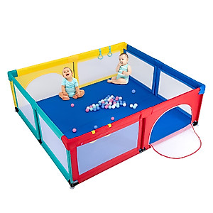 Costzon Baby Playpen for Toddler, Large Play Yard Indoor & Outdoor Kids Activity Center with Ocean Balls, Non-Slip Suction Cups, Handlebars, Breathable Mesh & Zipper Door, Playpen for Babies