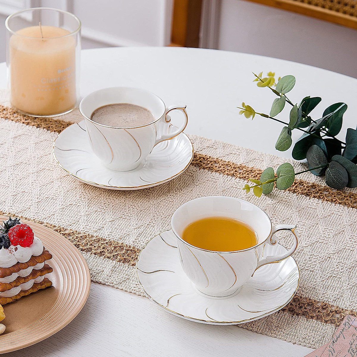 Agyiuns tea cups and saucers ceramic coffee mug 6oz for Coffee, Latte, Cafe Mocha and Tea-Set of 4, White