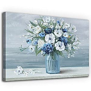 Vintage Flowers Canvas Wall Art Blue White Blossom Canvas Painting Retro Flowers in Vase Canvas Pictures Blue Ocean Seagull Background Artwork Prints for Bathroom Bedroom Wall Decor 28" X 20"