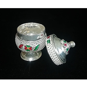 shree jewellers SJ Pure Silver Designer Meenakari Sindoor Dabbi with Lid, Pooja Items for Home, KumKum Round Box Spiritual Gift Item ~ Small Size 3.5 x 2.4 cm