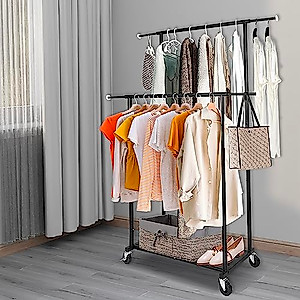 Fishat Simple Standard Freestanding Double Rod Clothing Metal Garment Rack for Hanging Clothes, Rolling Clothes Organizer on Lockable Wheels Mobile, with 2 Hooks (Black)