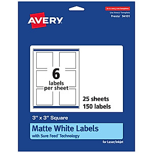Avery Matte White Square Labels with Sure Feed, 3" x 3", 150 Matte White Printable Labels