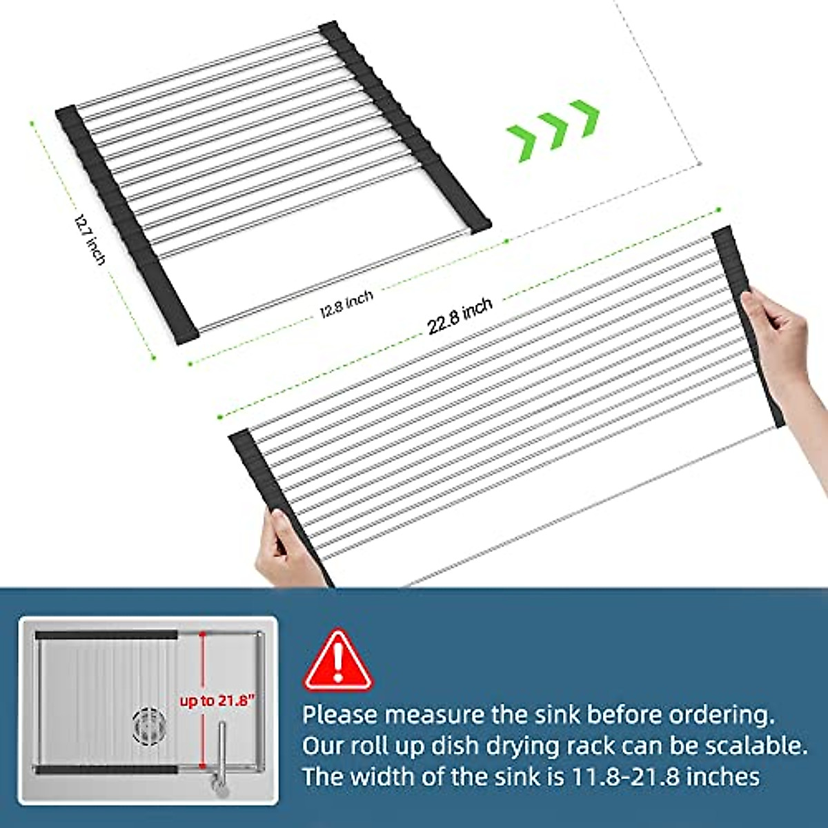 DMJWAN Roll Up Dish Drying Rack,Foldable Sink Rack with 2 Storage Baskets, Rollup & Stretchable,SUS304 Stainless Steel , for Kitchen Dishes,（Expandable Size22.8" X 12.7"）