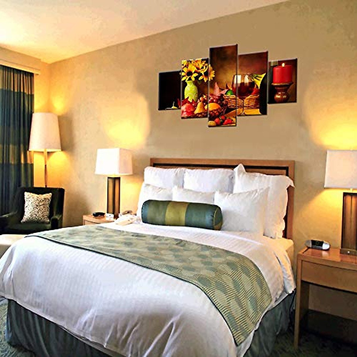 Red Wine Art Work for Home Walls 5 Panel Red Candle Paintings HD Prints Colorful Fruit and Wine Wall Art on Canvas Sunflower Pictures for Living Room Framed Gallery-Wrapped Ready to Hang(60''Wx32''H)