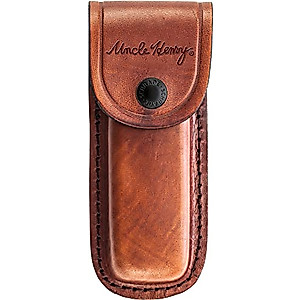 Uncle Henry LB7CP Bear Paw Traditional Lockback Pocket Knife with 3.7in Clip Point High Carbon S.S. Blade, Wood Handle, Brass Bolsters, and Leather Belt Sheath for EDC, Hunting, Camping, and Outdoors,Brown