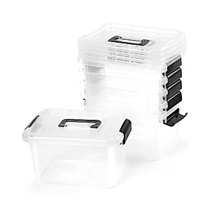 NEATJELAI Plastic Storage Bins with Lids -Storage Organizer Bins with Black Buckle Lids, Stackable Storage Bins with Lids for Home Office Closet Art Supplies Organization,6 Packs, Clear