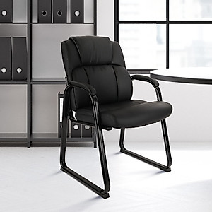 CLATINA Classic Leather Soft Reception Chair with Padded Armrests and Sled Base, Executive Guest Chair for Office Computer Desk Conference Waiting Meeting Room, Black (2 Pack)