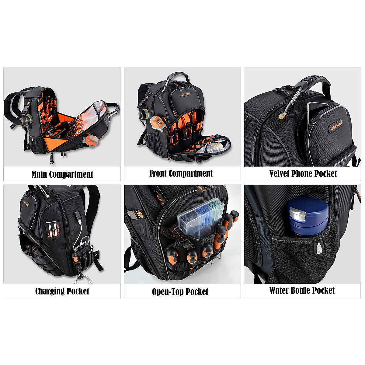 WELKINLAND 66-Pockets Backpack Tool Bag, Heavy-Duty Tool Backpack, Electrician backpack, Jobsite backpack, Tool back pack for men, Tool backpack for electricians, Tool backpack for construction