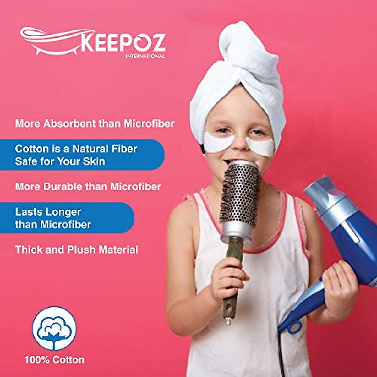 KEEPOZ Hair Towel Wrap Quick Dry 100% Cotton Super Absorbent Turban Head Wrap for Women with Button, Non Microfiber Anti Frizz Hair Products, Hair Cap for Curly, Long & Thick Hair (1Pc)(White)