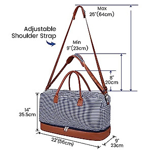 Inspack Duffle Bag with Shoe Compartment for Women/Men, 45L Gym Sports Bags with Trolley Sleeve, 22x14x9 Weekender/Carry on/Travel Tote/Duffel/Overnight Bags（Blue-White Stripe）