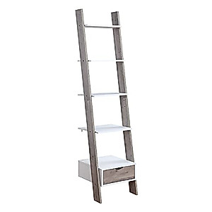 RAAMZO Two-Tone White and Weathered Grey Finish 5 Tier Bookcase Shelf Ladder Leaning with Drawer - 74" Height