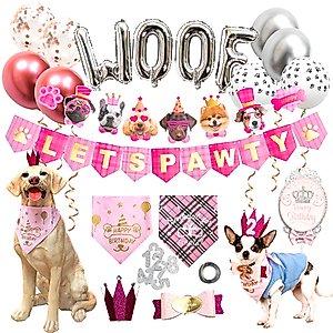 Dog Birthday Party Decorations, Dog Birthday Hat/Bandana/Bowtie/Balloon/Flag/Banner for Small Medium Large Dogs Pets, Doggie Boys/Girls Birthday Party Supplies Decorations