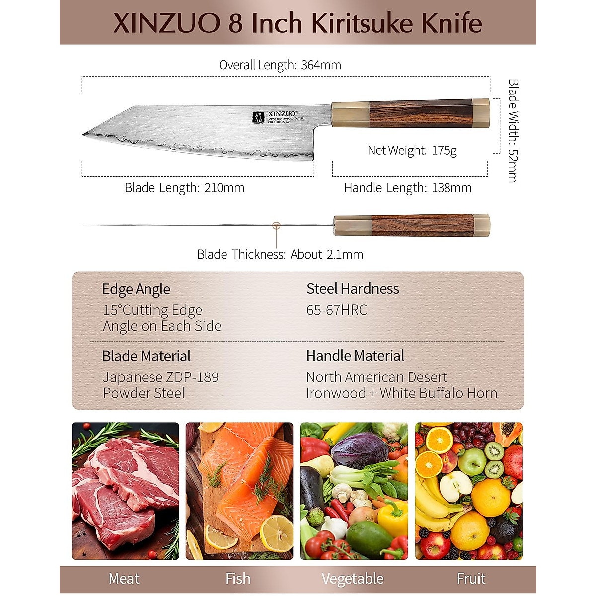 XINZUO 8 Inches Japanese Kiritsuke Chef Knife, Super ZDP-189 Steel Knife, Professional Cooking Knife for Chefs&Home, 67HRC, Ergonomic Octagonal Handle with Desert Ironwood