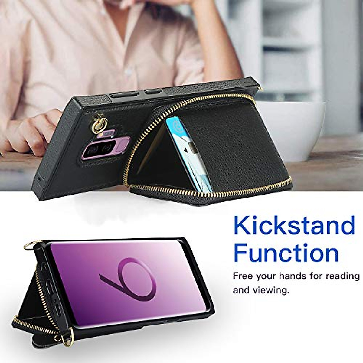 DEFBSC Crossbody Zipper Wallet Samsung Galaxy S9 Plus Case, PU Square Case with Chain Credit Card Holder Slot Shoulder Handbag Purse Wrist Strap Case for Samsung S9 Plus 6.2 Inch(Black)