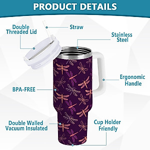 Emelivor Dark Purple Dragonflies 40 oz Tumbler with Lid and Straw Insulated Tumblers with Handle Leak Proof Coffee Tumbler Mug Large Water Bottles for Hot or Ice Coffee Tea