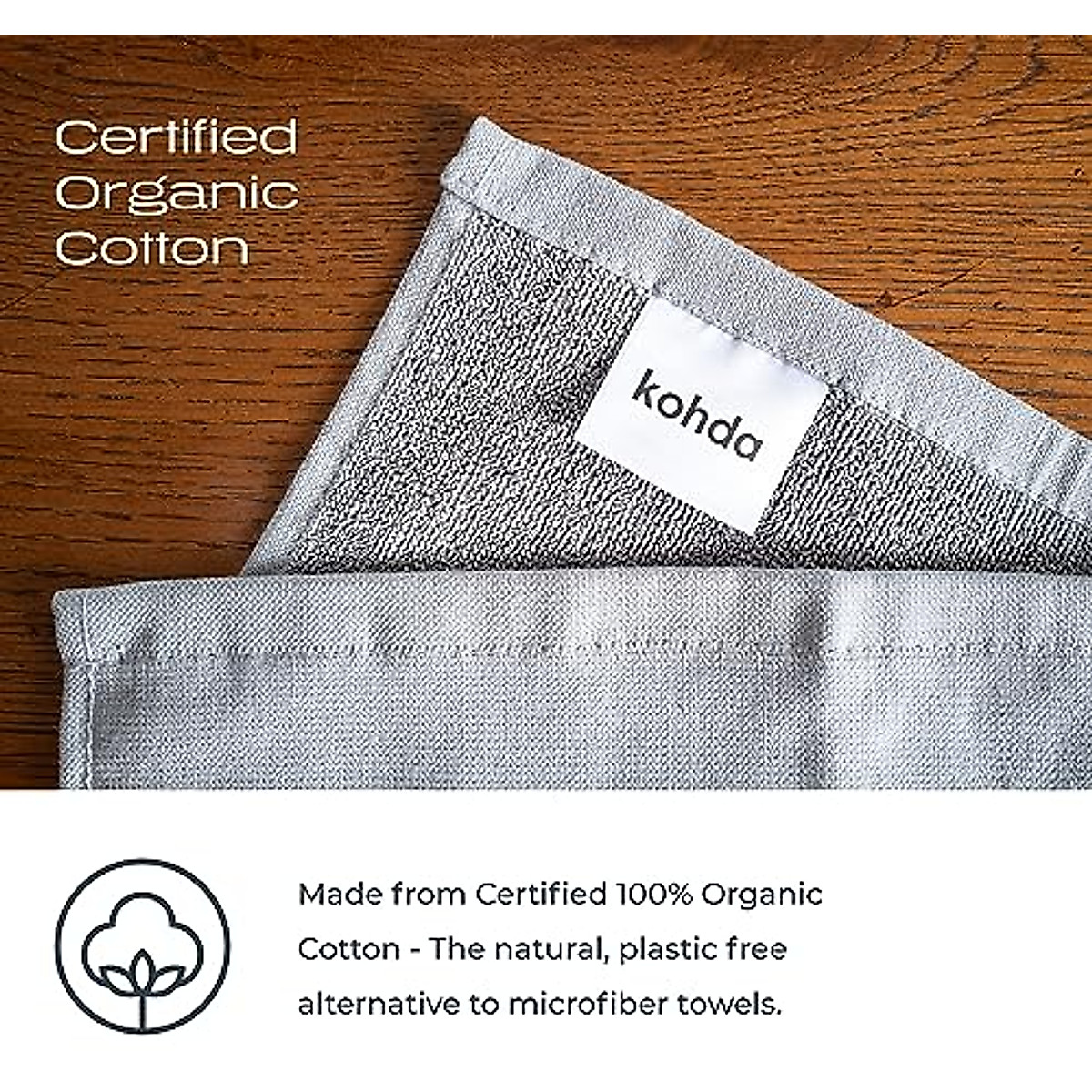 KOHDA LIVING Premium Silver Infused Kitchen Towels - 100% Organic Cotton Dish Towels - Odor Controlled Tea Towels (Pack of 4) Absorbent Kitchen Hand Towels Gray