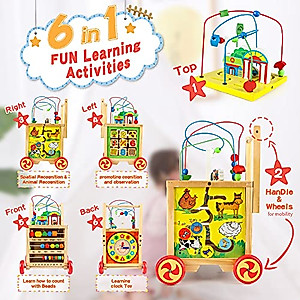 FOPNETS Wooden Toys for 1 2 Year Old Boys Girls Activity Cube Gift Set Developmental Montessori Learning Educational Toys for Toddlers Removable Bead Maze Shape Sorter 6 in 1 First Birthday Gifts
