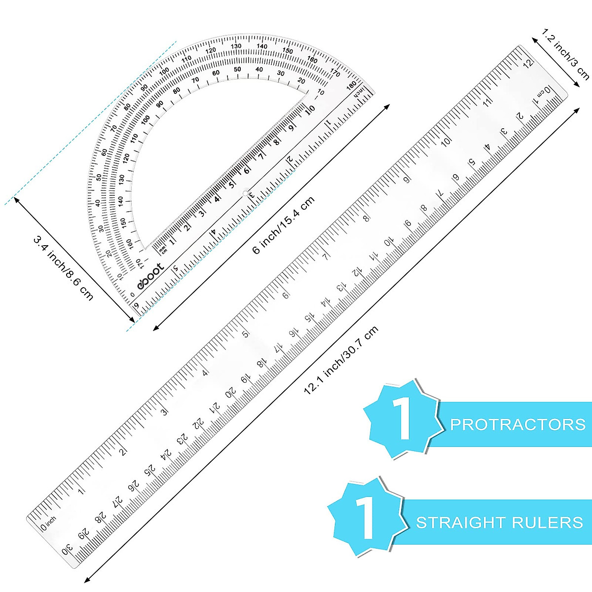 Zonon 2 Pack 12'' Plastic Ruler and 6'' Plastic Protractor Set Clear Ruler Protractor Set Math Geometry Supplies for School Classroom Home Office Drawing(Clear)
