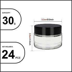 24 Pack 1oz Clear Round Glass Jars - Empty Cosmetic Containers with Inner Liners, black Lids and Glass Sample Jars with labels For Slime, Beauty Products, Cosmetic, Lotion，Powders and Ointments