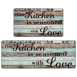 Farmhouse Kitchen Rugs Sets of 2, Personalized Kitchen Mats Cushioned Anti fatigue, Wooden Kitchen Rugs Non Slip Washable, Teal Kitchen Floor Mats for in Front of Sink, 17'' x 47'' + 17'' x 30''