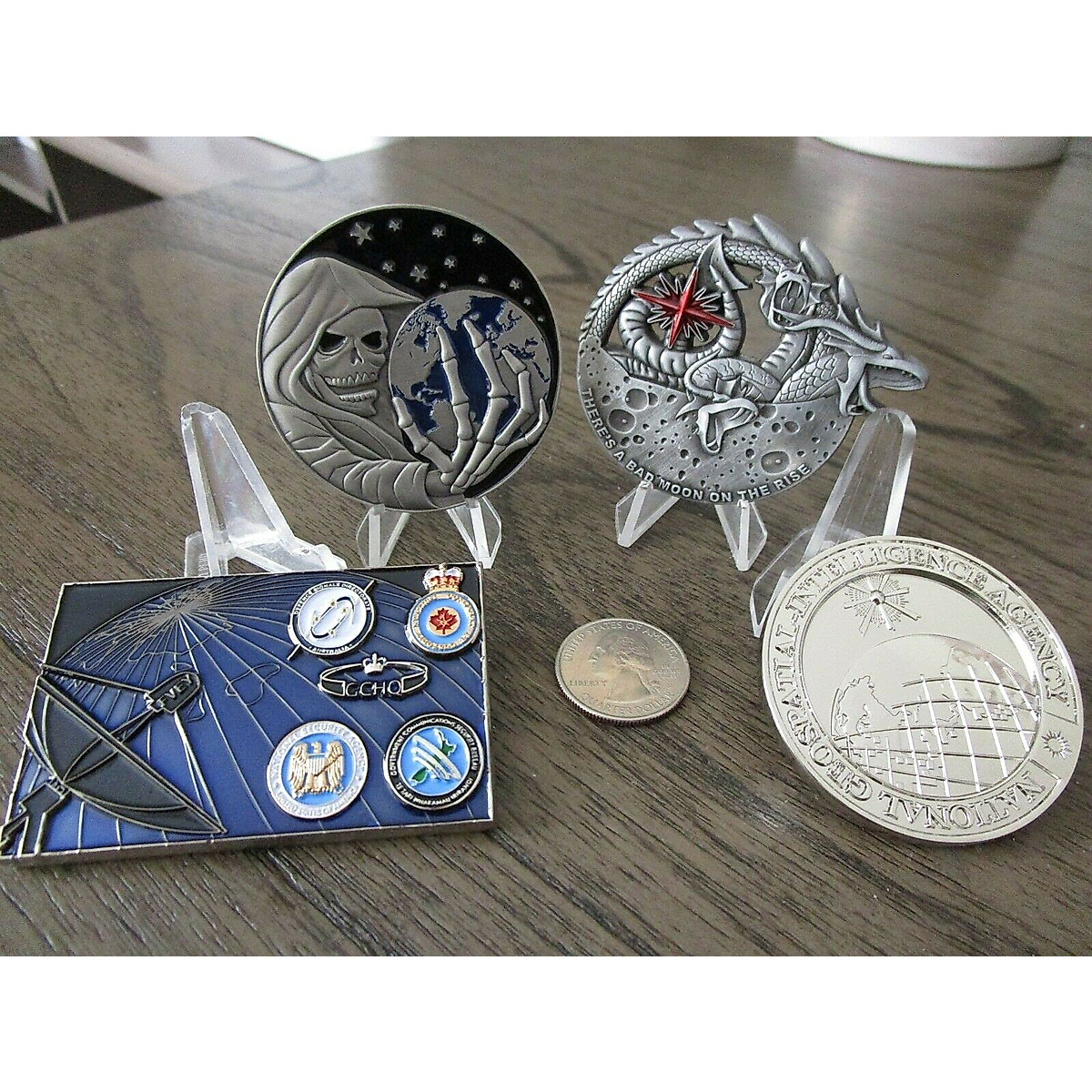 Lot of 4 Intelligence Challenge Coins NGA NSA Five Eyes Intelligence Community Reaper CIA Cyber Command